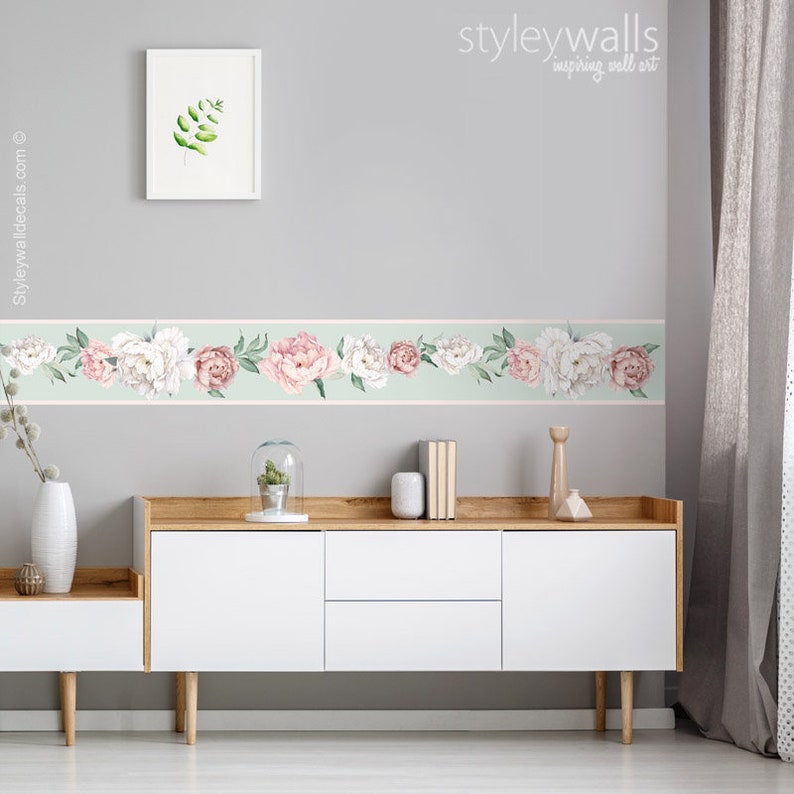 Peonies Wall Border Decal, Peony Border Wall Decal, Repositionable Flowers Wall Border ...