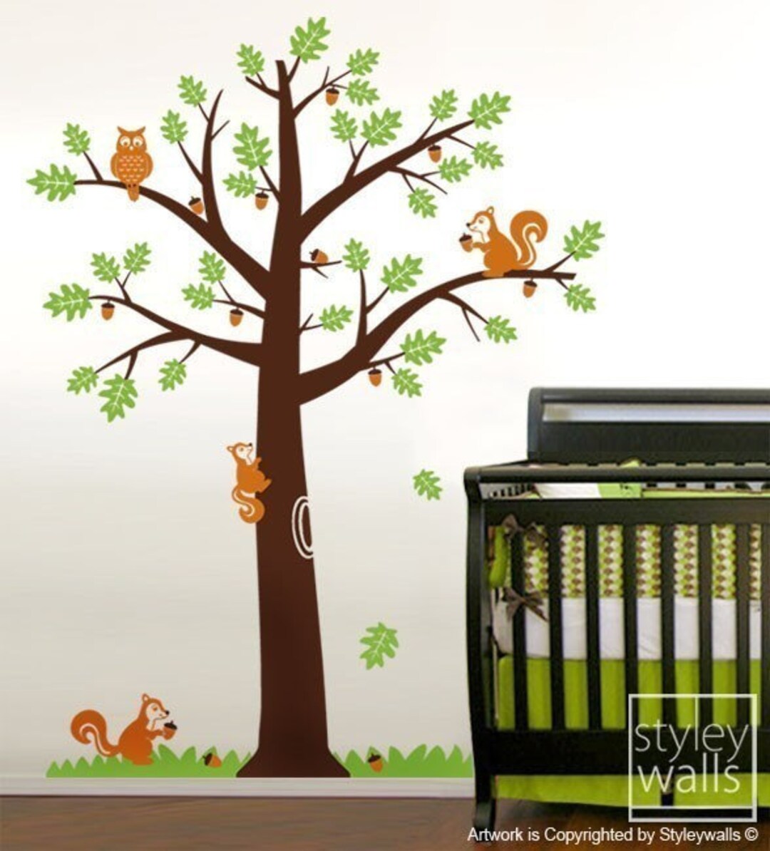 Forest Animals Tree Wall Decal, Squirrels Owls Oak Tree Wall Decal ...