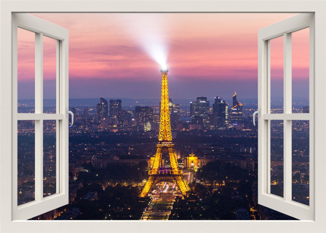 Paris Wall Decal, 3d Window Wall Decal, Eiffel Windowview Frame Wall ...