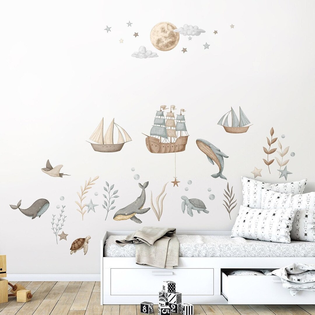 Nautical Wall Decal, Whales Wall Decal, Ships Wall Sticker, Under the ...
