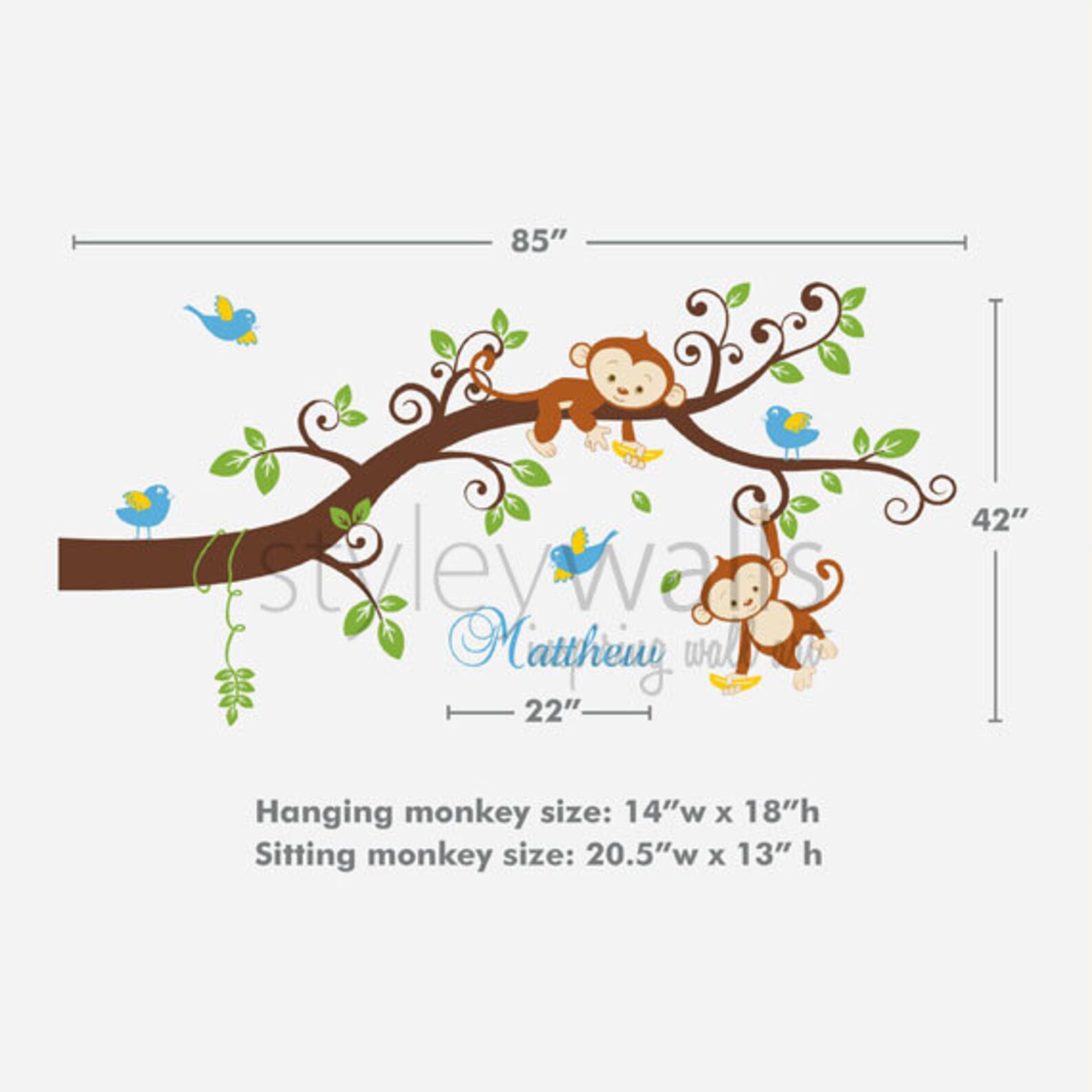 Monkey Tree Wall Decal, Monkey Branch Wall Decal, Personalized Custom ...