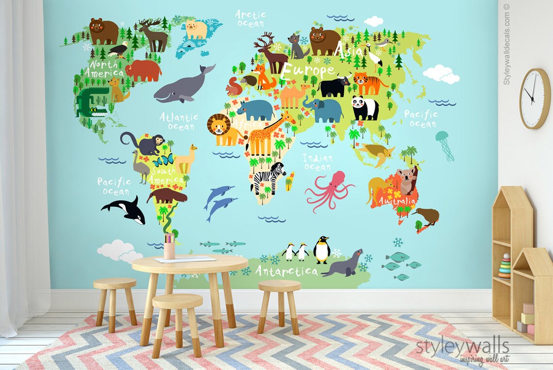 World Map Wall Mural Kids Map Wallpaper Word Map With - Etsy