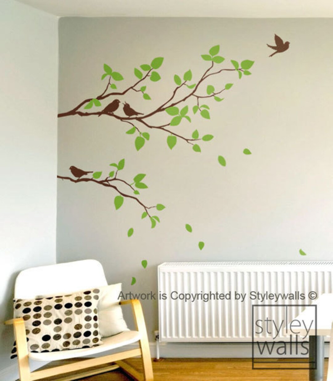 Branches Wall Decal, Two Spring Branches and Birds Wall Decal, Leaves ...