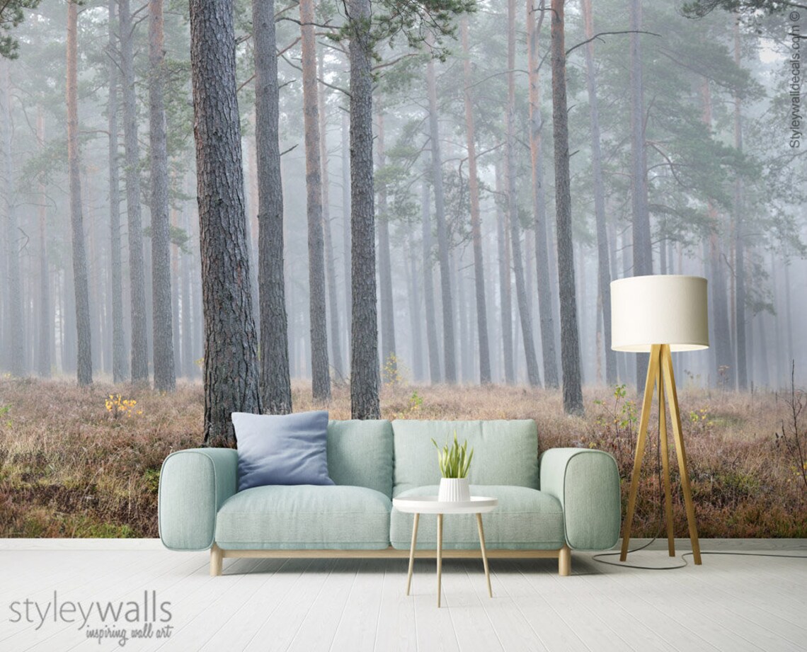 Forest Trees Mural Birchtrees Mural Pine Trees Mist Mural | Etsy