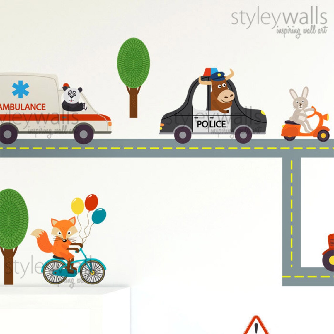 Transportation Wall Decal, Vehicles and Animals Wall Sticker, Car Bus ...