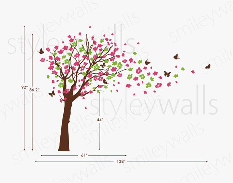 Flower Tree Wall Decal Tree and Butterflies in the Wind Wall - Etsy