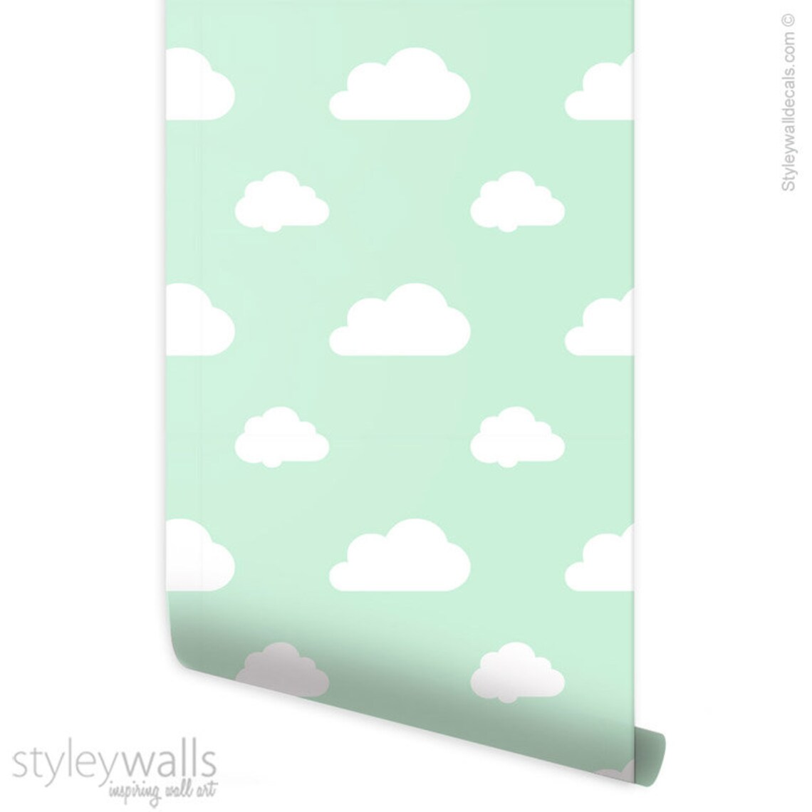 Clouds Wallpaper White Mint Clouds Pattern Wallpaper Self - Etsy
