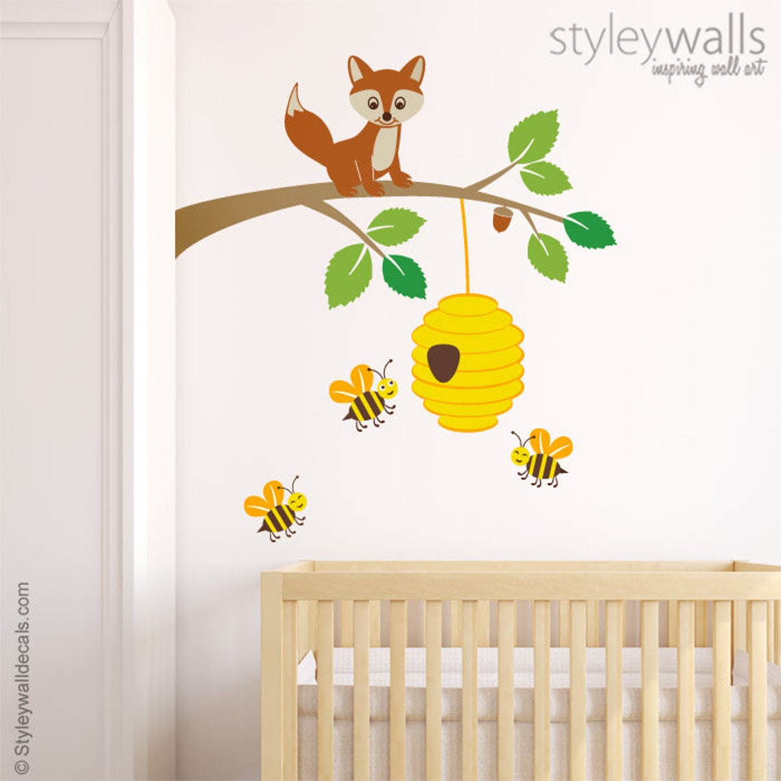 Fox Wall Decal, Fox Wall Sticker, Bees Wall Decal, Fox and Branch Wall ...