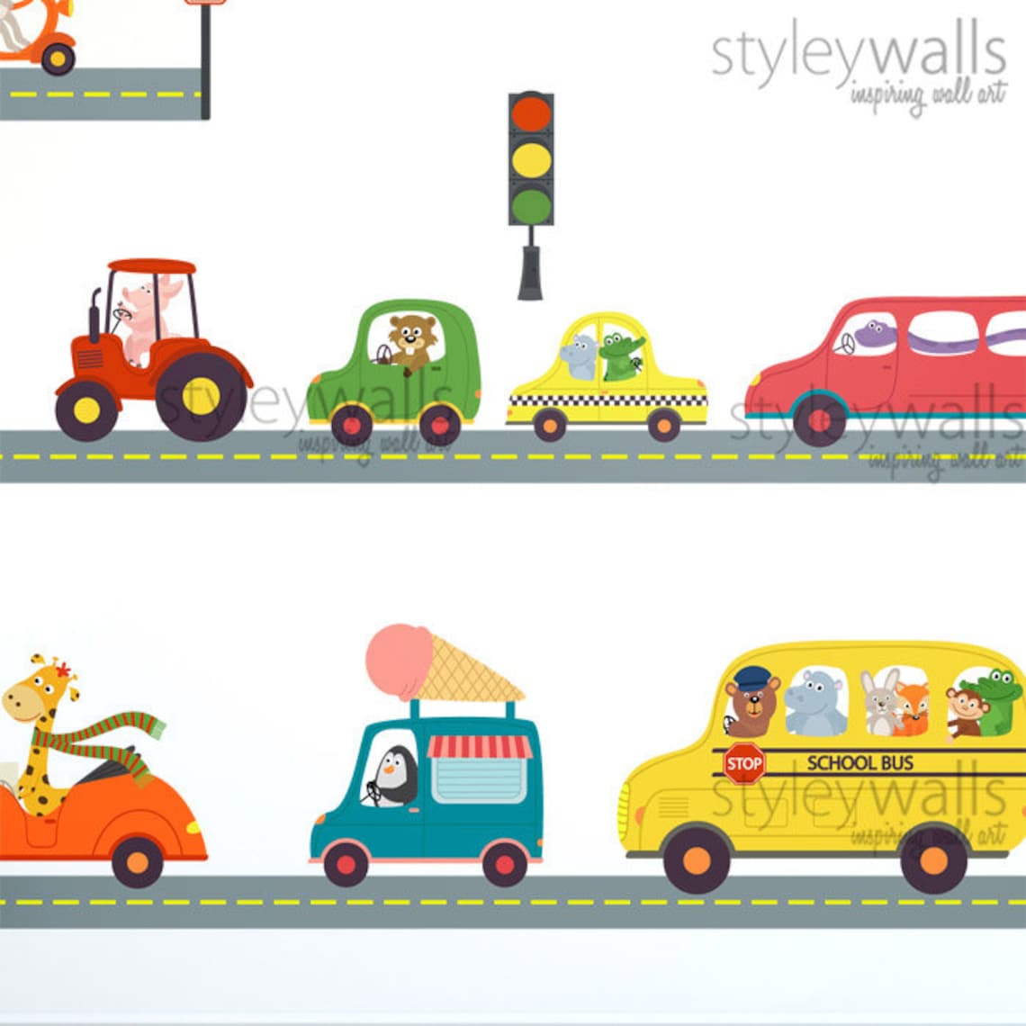 Transportation Wall Decal, Vehicles and Animals Wall Sticker, Car Bus ...
