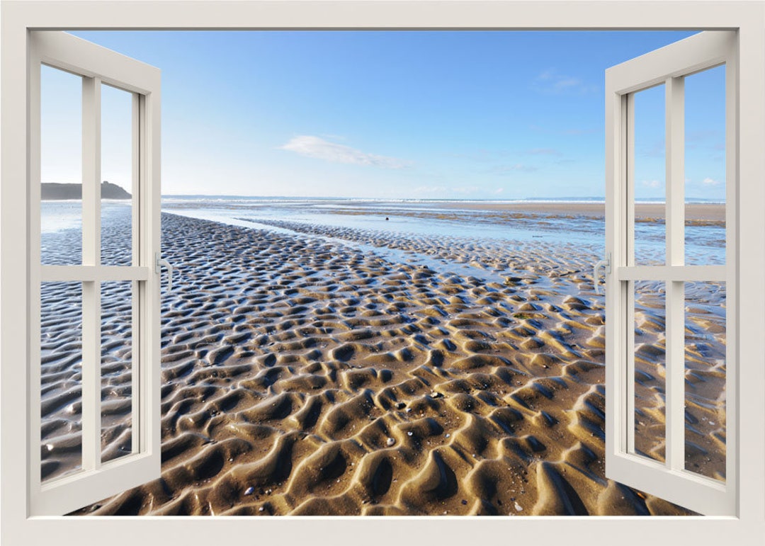 Beach Wall Decal, 3d Window Wall Decal,sand Wind Waves Window Frame ...