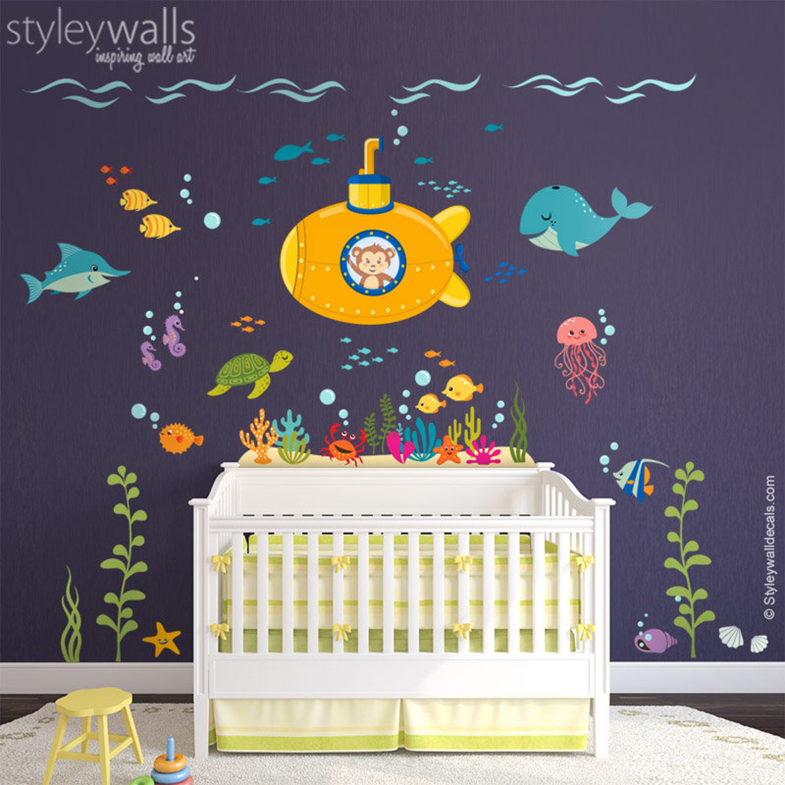 Submarine Wall Decal Under the Sea Wall Decal Monkey and - Etsy