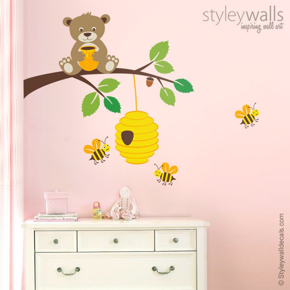 Bear Wall Decal Bear Wall Sticker Bees Wall Decal Bear and | Etsy