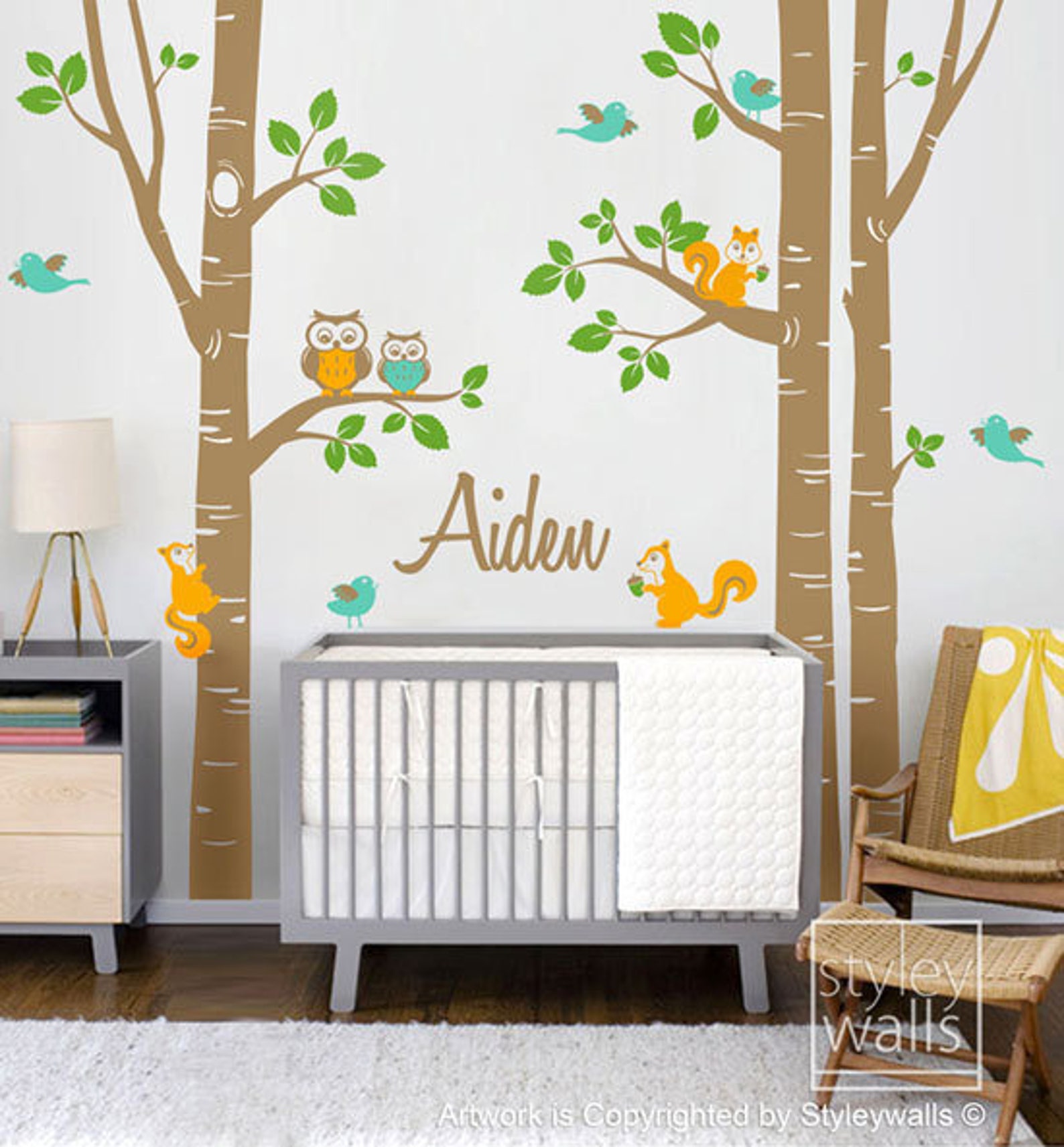 Birch Trees Nursery Wall Decal, Forest Animals and Birch Trees Wall ...