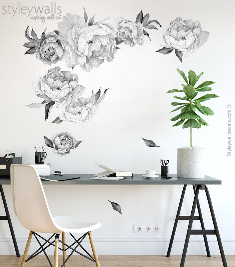 Peony Flowers Wall Decal Black and White Watercolor Peonies | Etsy