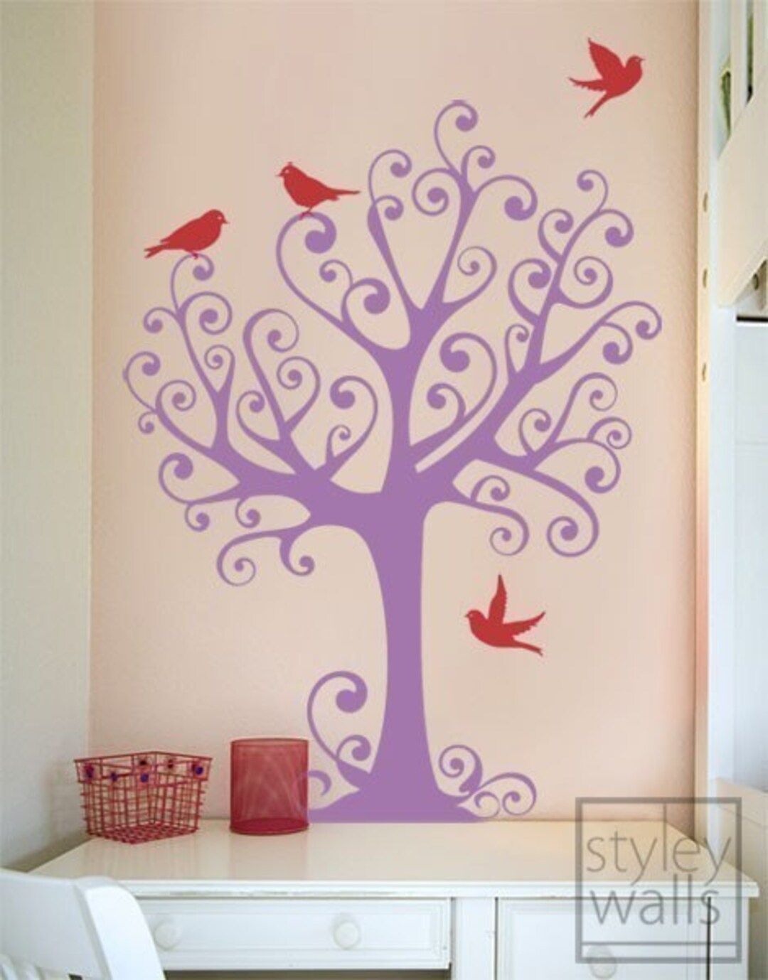 Ornamental Tree With Birds Vinyl Wall Decal, Medium Size, Tree Wall ...
