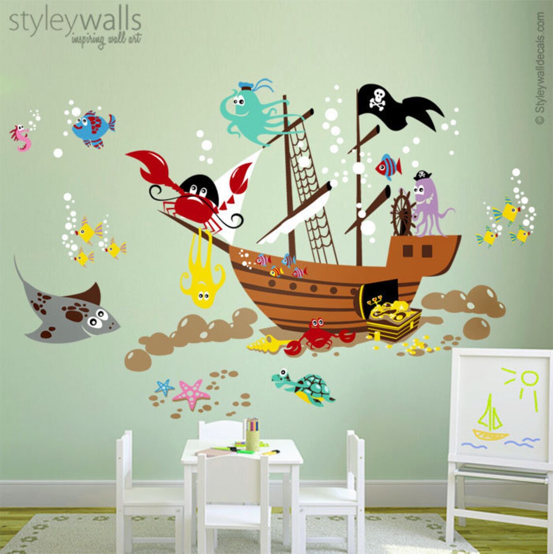 Underwater Wall Decal Ocean Wall Decal Pirate Ship Wall | Etsy