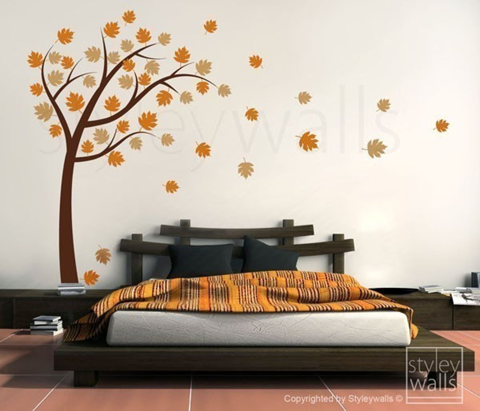 Tree and Leaves Wall Decal Tree With Leaves Blowing in the - Etsy