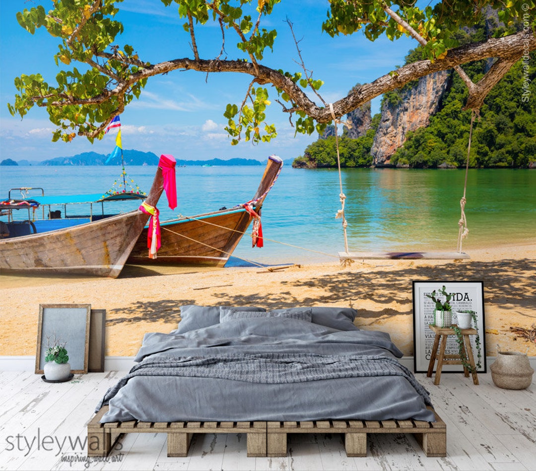 Boat Mural, Seashore Mural, Beach Mural Picture Photo, Thailand Beach ...
