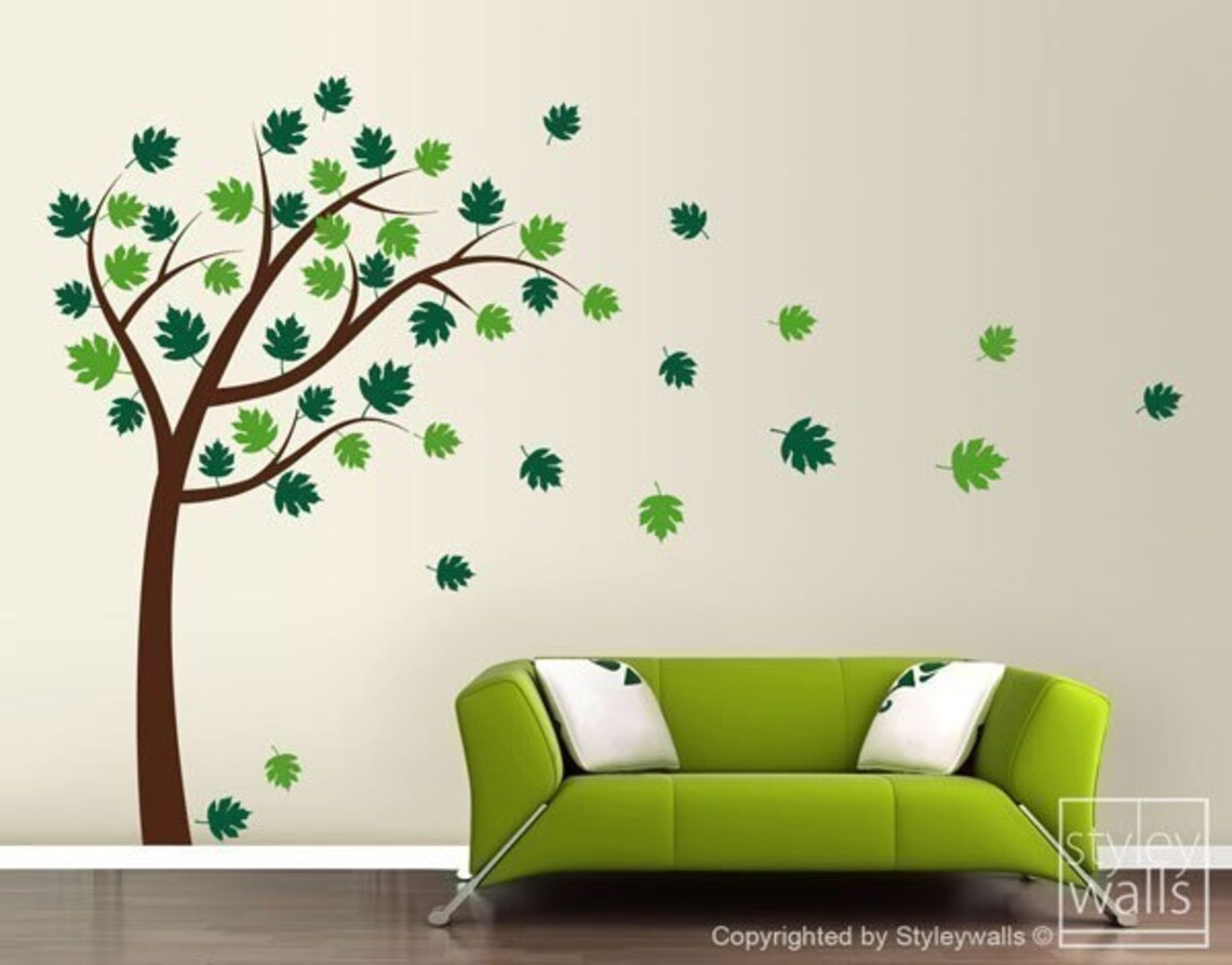 Tree and Leaves Wall Decal Tree With Leaves Blowing in the - Etsy