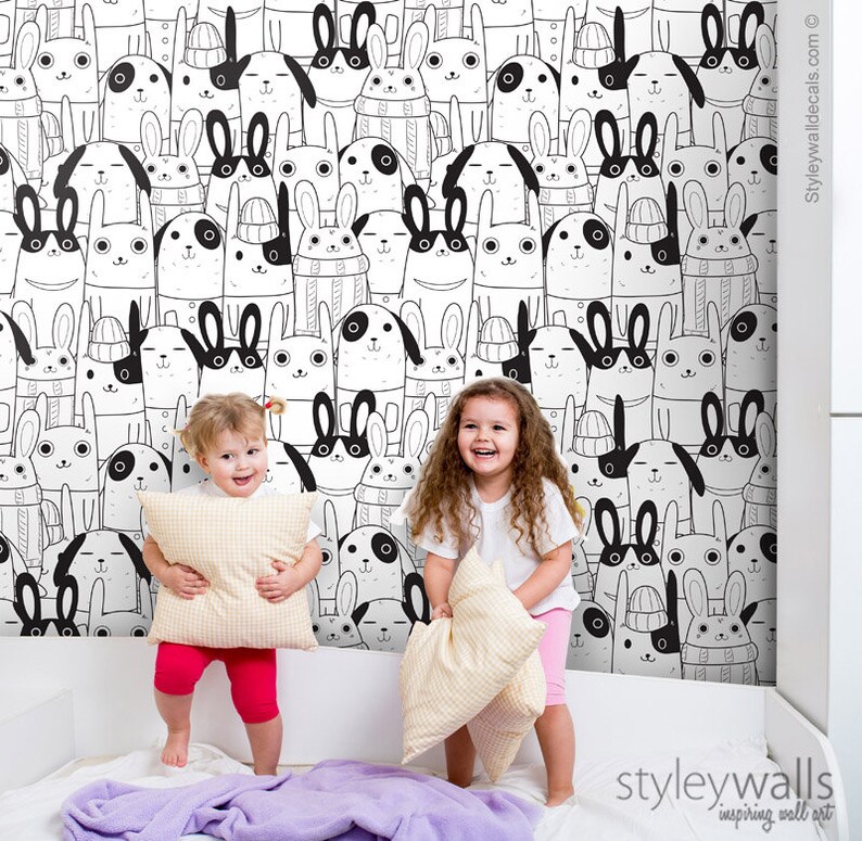 Rabbits Wallpaper Kids Room Wallpaper Animals Repositionable | Etsy