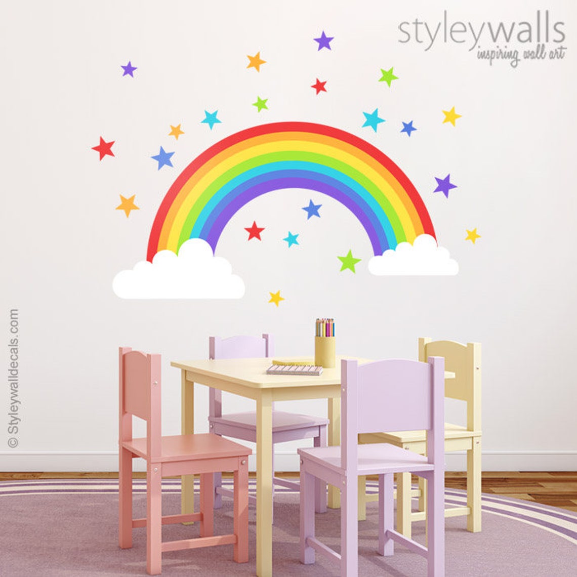 Rainbow Wall Decal, Rainbow Wall Sticker, Clouds Wall Decal, Stars Wall ...