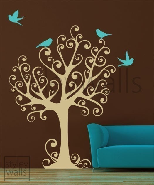Ornamental Tree With Birds - Large - Vinyl Wall Decal - Etsy