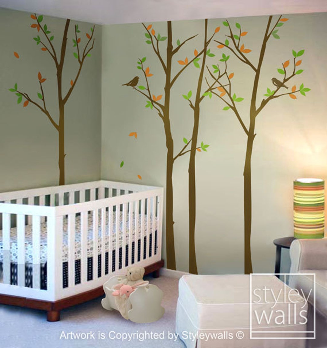 Tree Wall Decal, Forest Trees Wall Decal With Birds, Winter Trees Decal ...