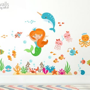 Mermaid Wall Decal, Under the Sea Wall Decal, Mermaid and Fishes Wall ...