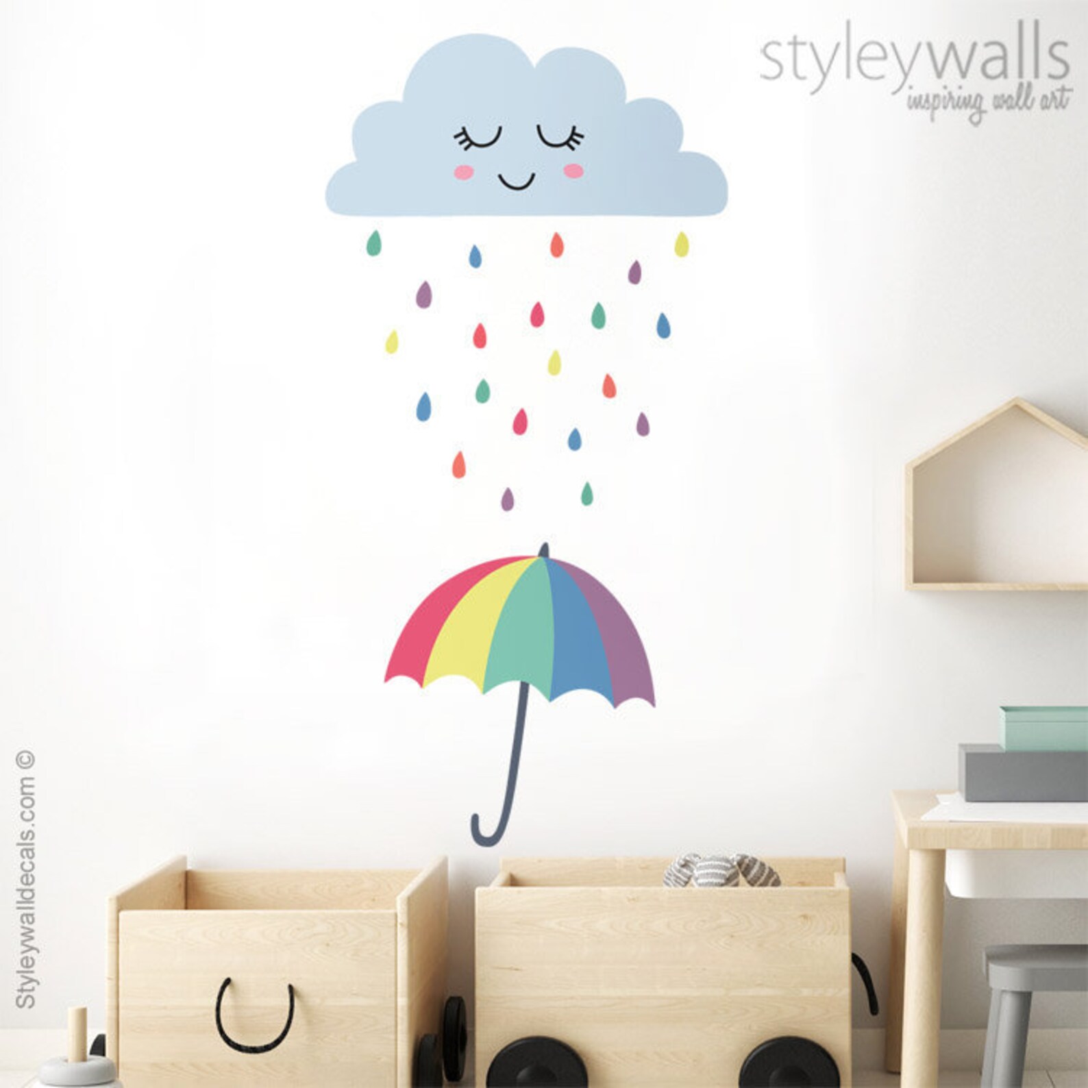 Cloud Wall Decal, Raindrops Wall Decal, Weather Wall Decal, Rain Drops ...