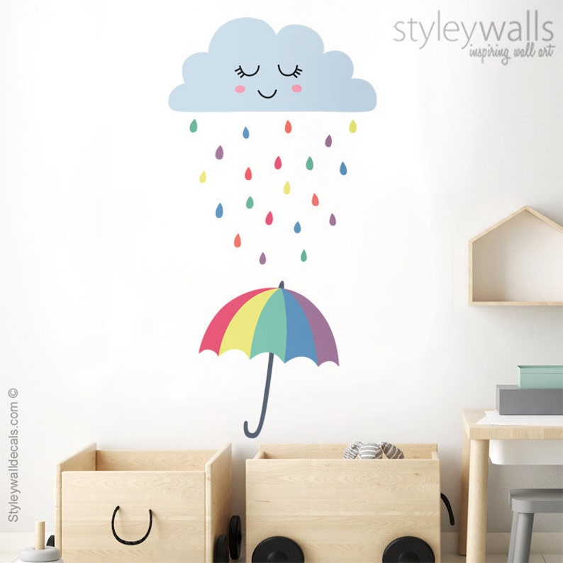 Cloud Wall Decal, Raindrops Wall Decal, Weather Wall Decal, Rain Drops ...
