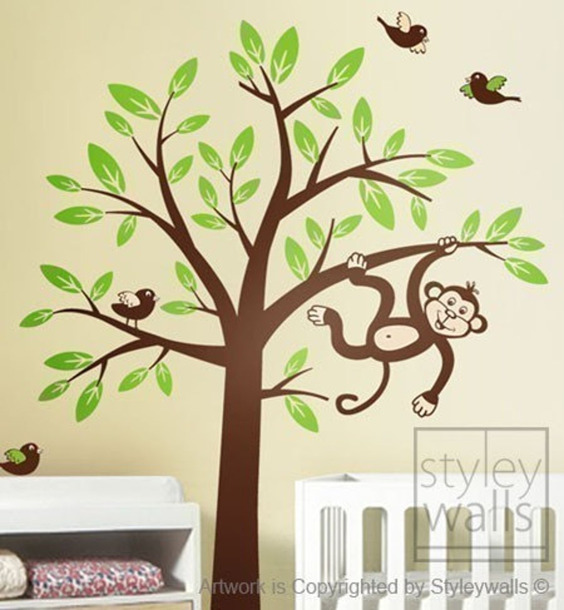 Monkey Tree Wall Decal 2 Monkeys Swinging From Branch and - Etsy