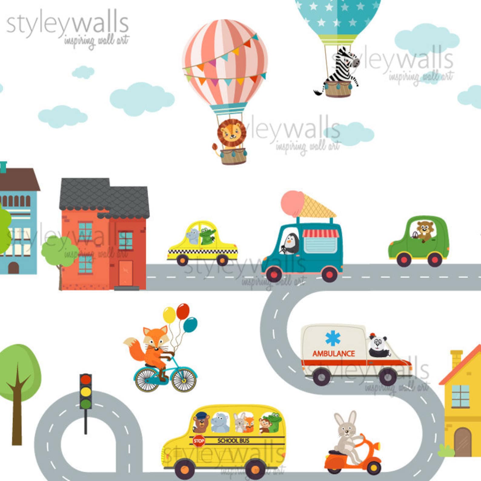 Transportation Wall Decal, Vehicles Cars and Animals Wall Sticker ...