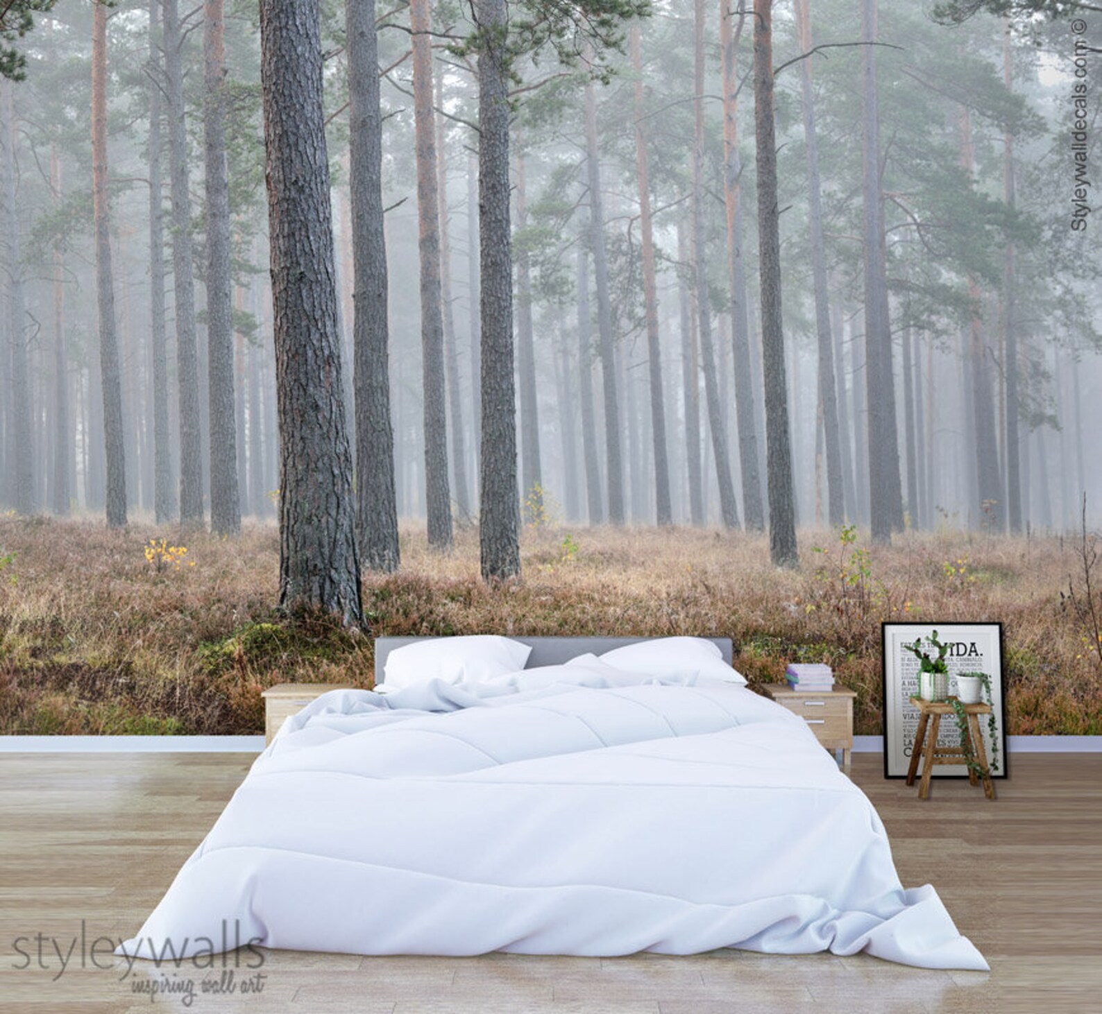 Forest Trees Mural, Birchtrees Mural, Pine Trees Mist Mural Wallpaper ...