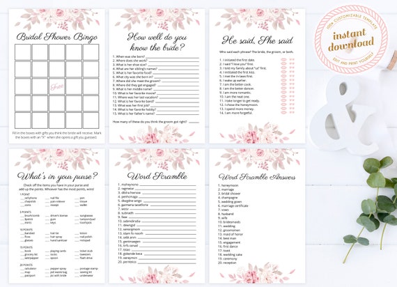 Bridal Shower Games With Pretty Pink Flowers Five Games - Etsy