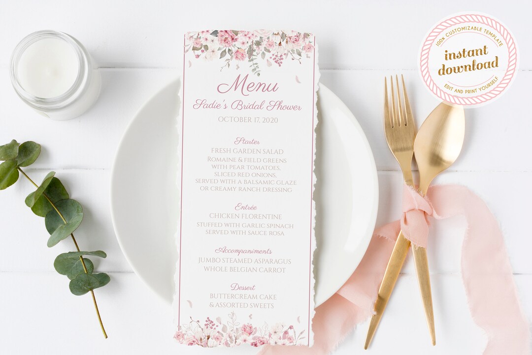 Bridal Shower Menu Cards With Pretty Pink Flowers | Two Sizes | INSTANT ...
