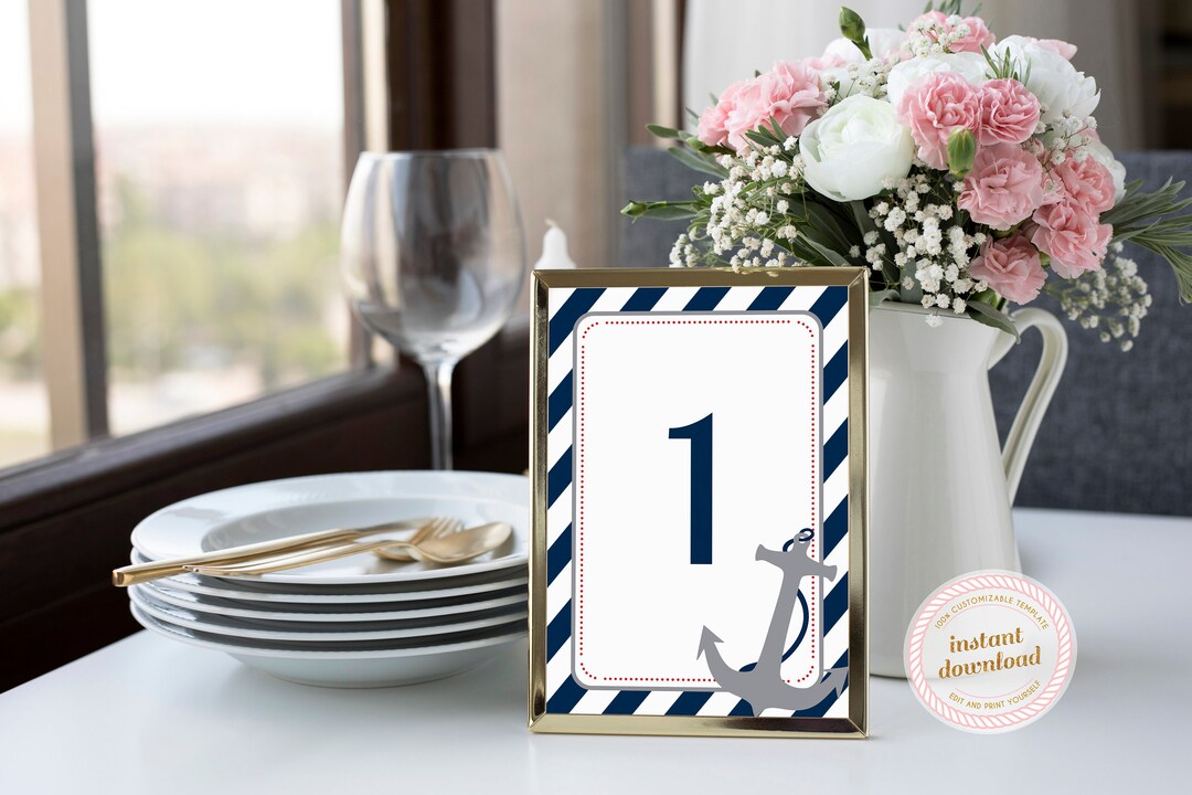 Table Numbers | Nautical Stripes and Anchor | INSTANT DOWNLOAD ...