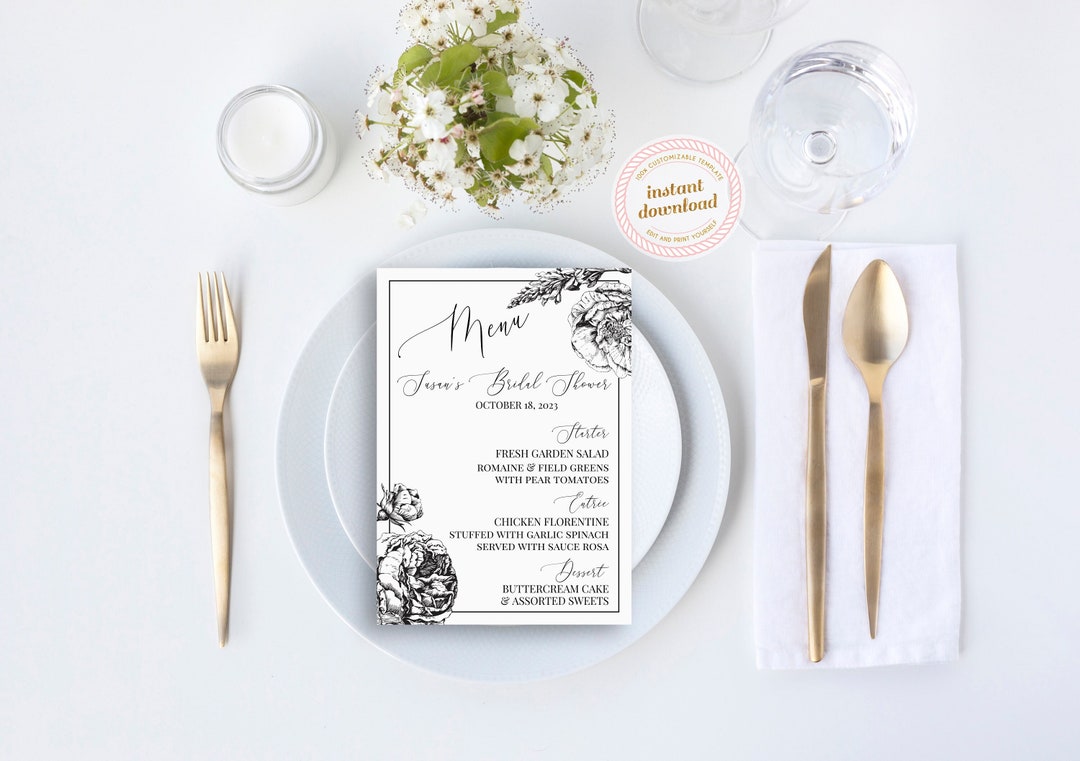 Black & White Menu Card With Florals | 5 X 7 | Shower, Wedding, Party ...