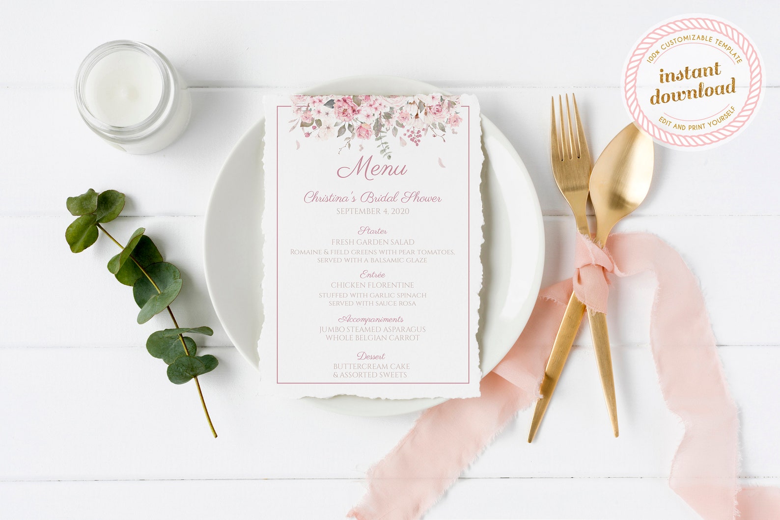 Bridal Shower Menu Cards With Pretty Pink Flowers | Two Sizes | INSTANT ...