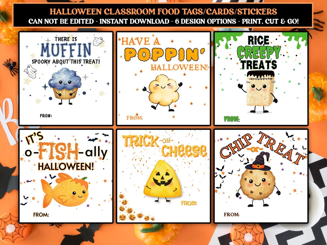 Halloween Classroom Treat Food Tags, Muffin, Popcorn Cards, Goldfish ...