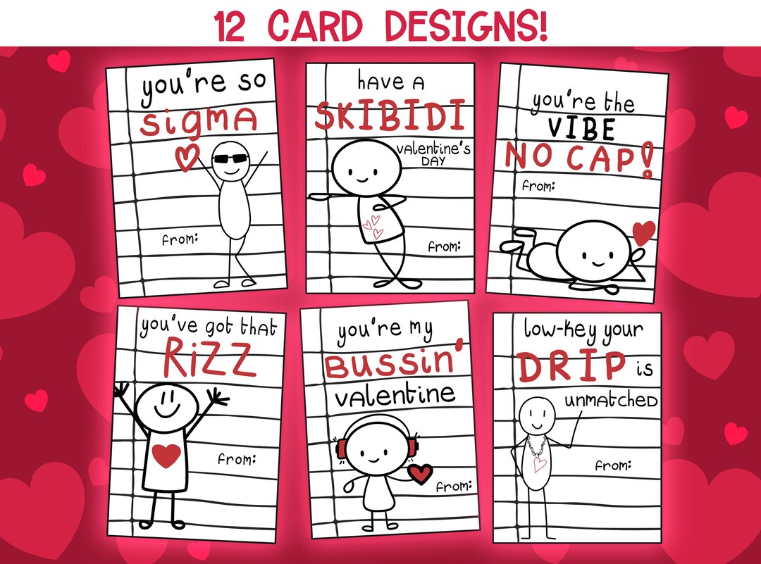 Kids Valentine's Day Cards (12), Gen Alpha Valentine, Slang Printable ...