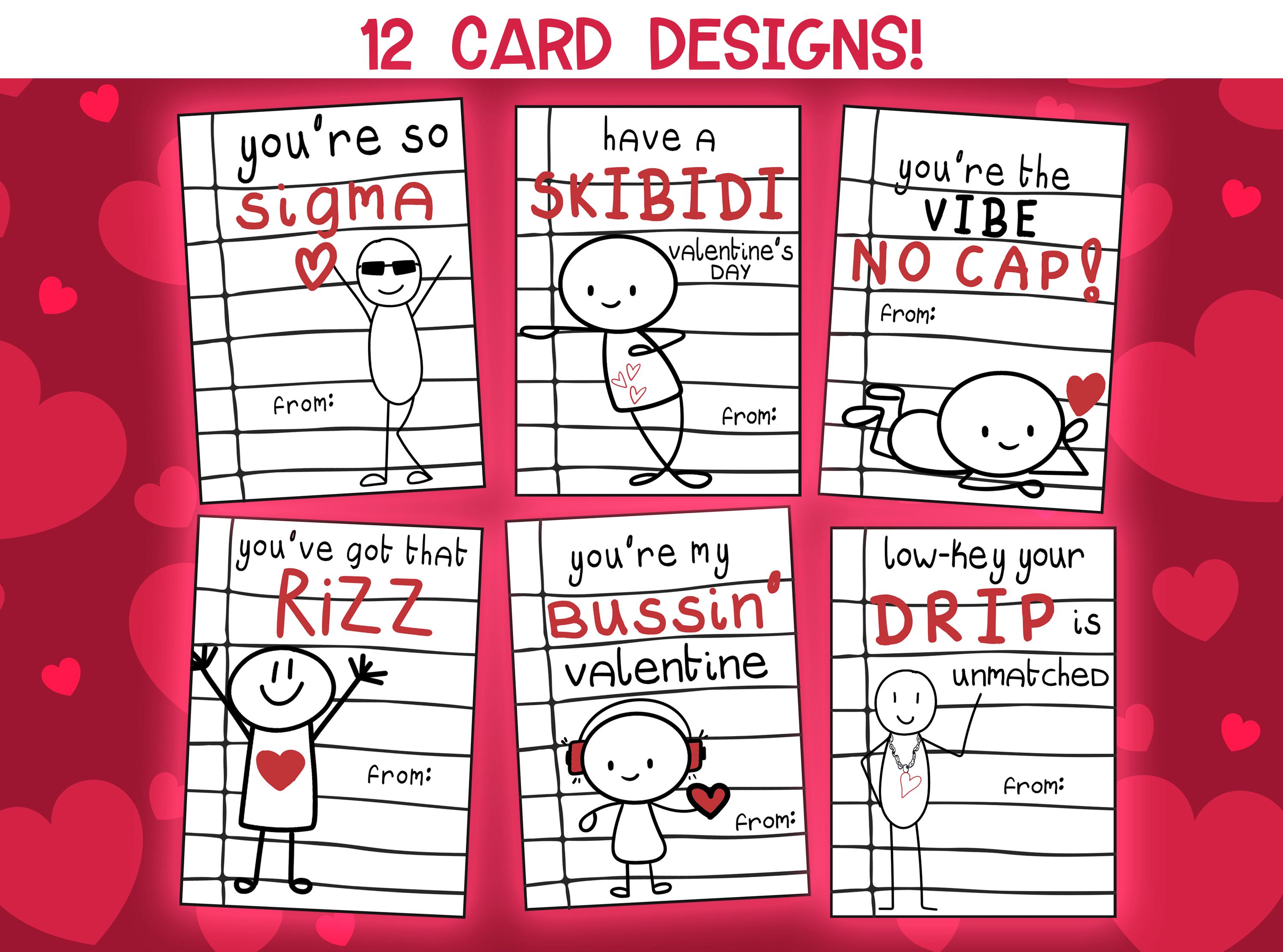 Kids Valentine's Day Cards (12), Gen Alpha Valentine, Slang Printable ...