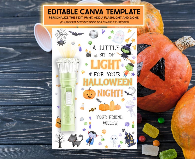 Halloween Flashlight Favor Card Template, Editable Canva Trick or Treat ...