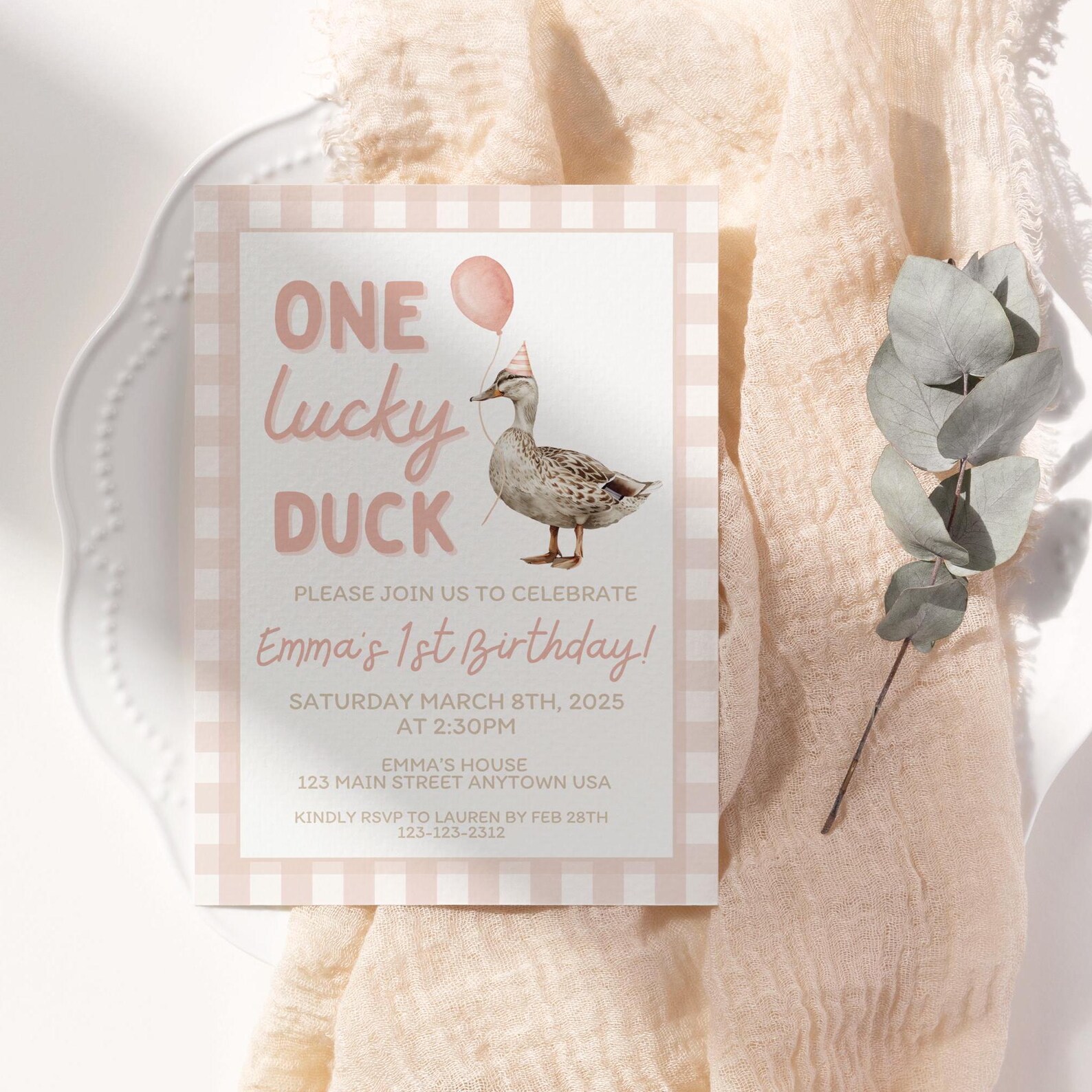 One Lucky Duck Invitation – Editable Canva Template, Pink Duck Themed ...