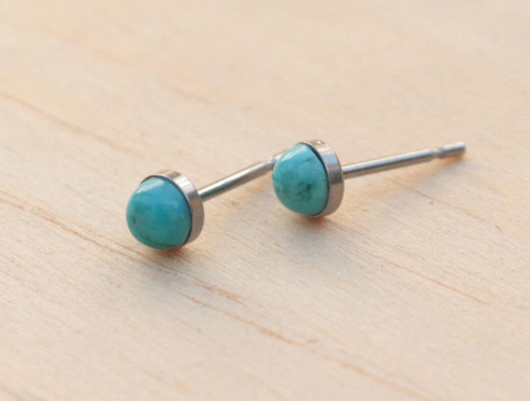Titanium Stud Earrings Turquoise Gemstone / 5mm Cabochon Bezel Set ...