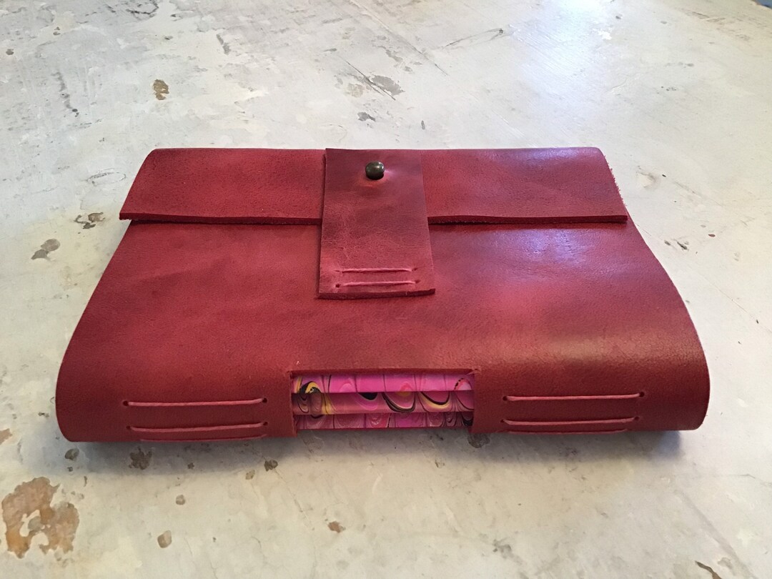 Red Leather Blank Book With Hand Marbled Wrapped Mixed Media Signatures ...