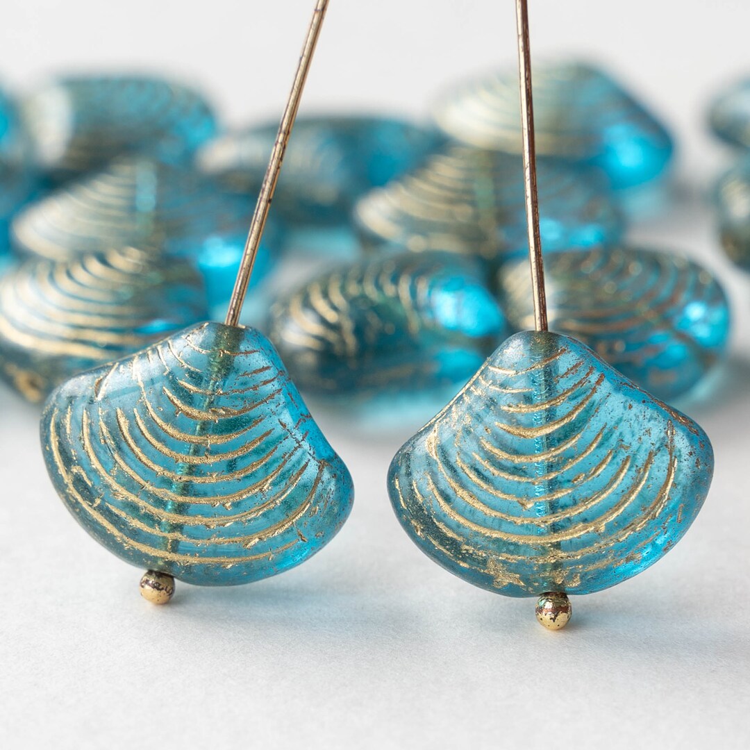 4 - Glass Shell Beads - Czech Glass Beads - Aqua With Gold Wash - 4 ...