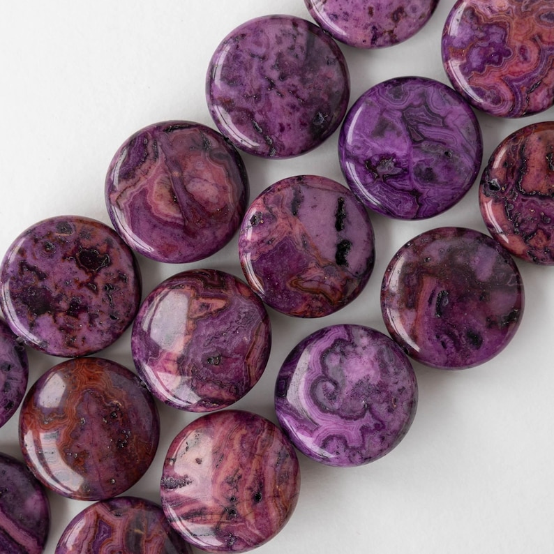 20mm Dyed Jasper Pillowed Coin Beads - Purple Swirl - 16 Inch Strand ...
