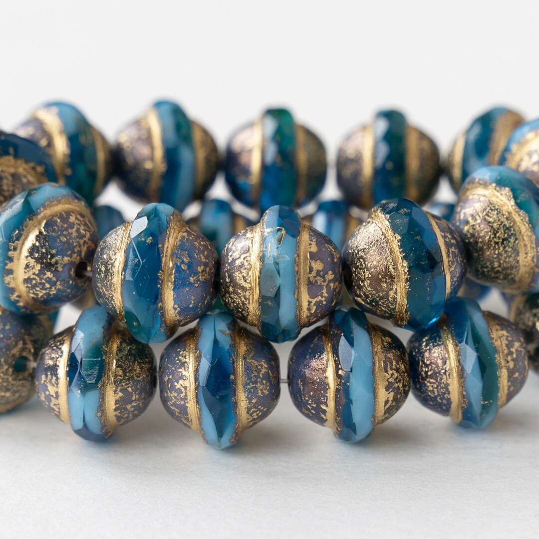 6 10x12mm Saturn Beads Czech Glass Beads Teal and Sky Blue With a ...