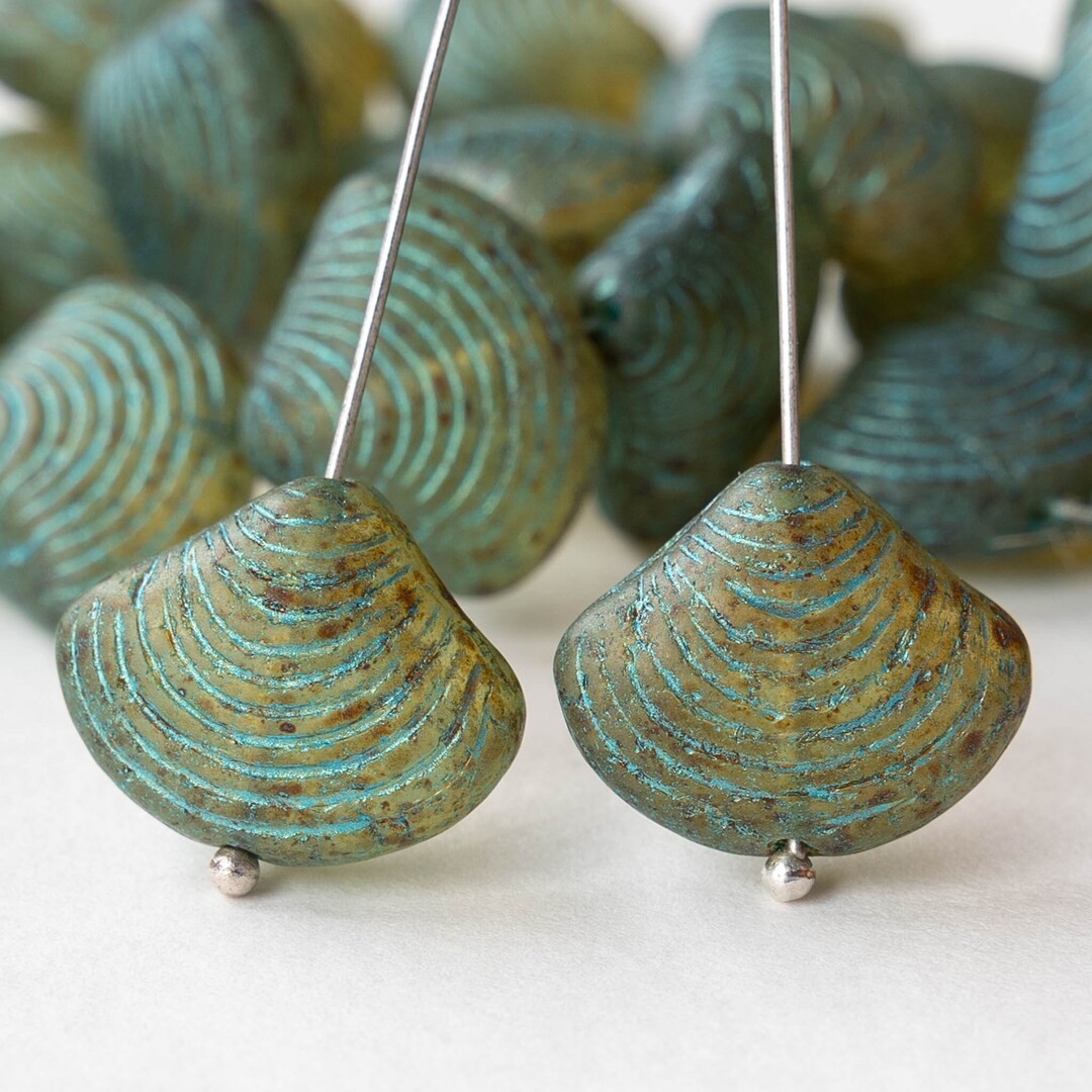 4 - Glass Shell Beads - Czech Glass Beads - Green Picasso With Blue ...