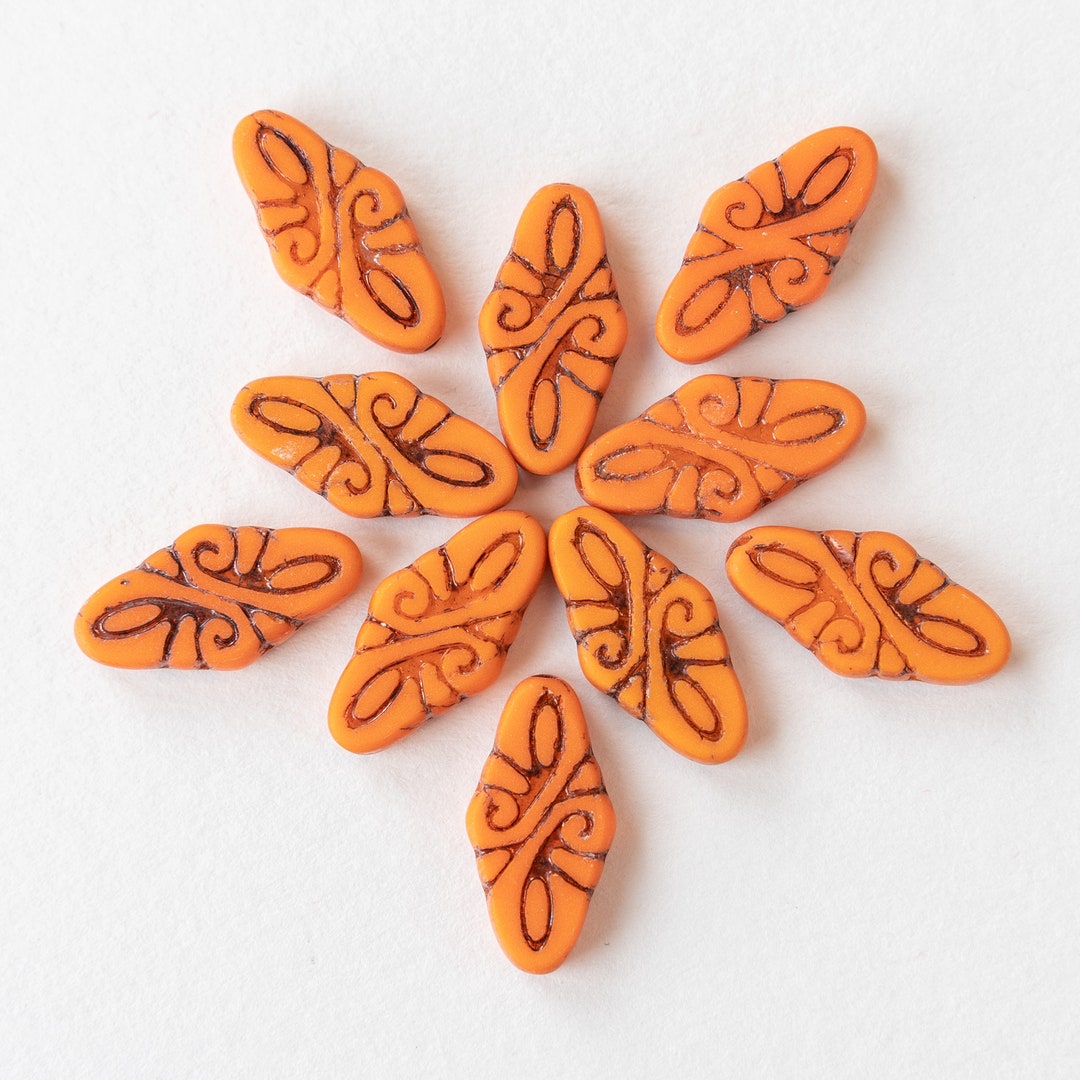 10 - Fancy Czech Glass Arabesque Beads - Opaque Matte Orange With ...